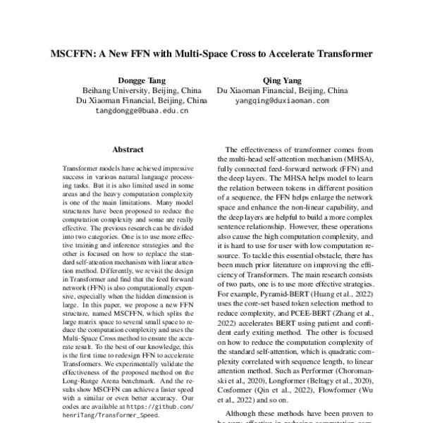 MSCFFN: A New FFN with Multi-Space Cross to Accelerate Transformer ...