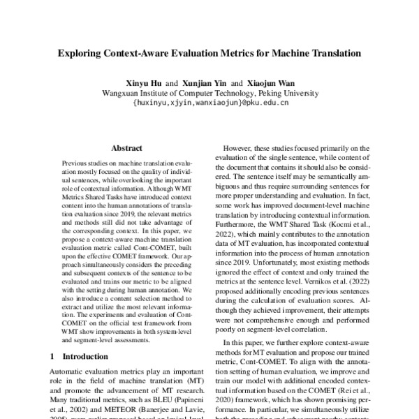 Exploring Context-Aware Evaluation Metrics for Machine Translation - ACL Anthology