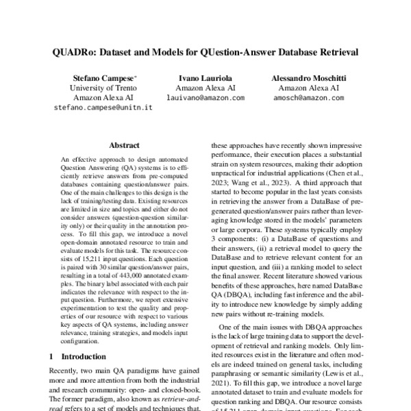 QUADRo: Dataset and Models for QUestion-Answer Database Retrieval - ACL ...