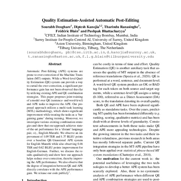 Quality Estimation-Assisted Automatic Post-Editing - ACL Anthology
