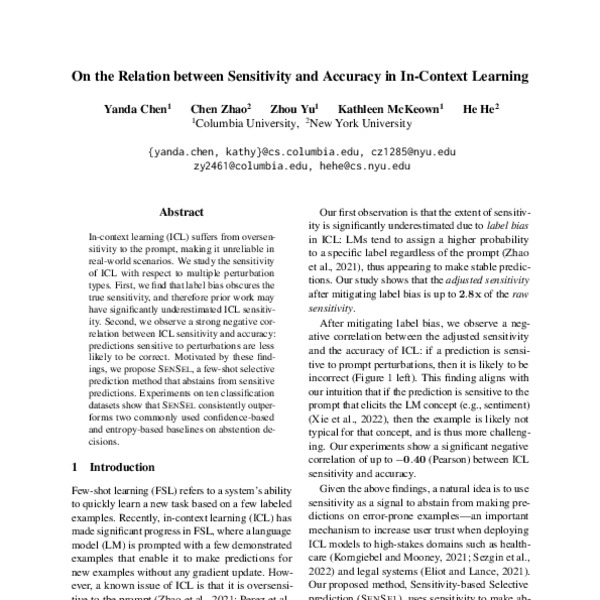 On The Relation Between Sensitivity And Accuracy In In Context Learning