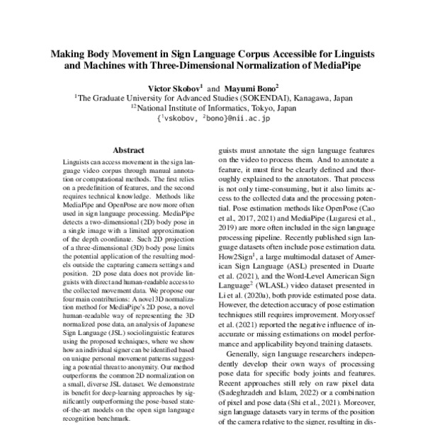 Making Body Movement in Sign Language Corpus Accessible for Linguists and Machines with Three ...