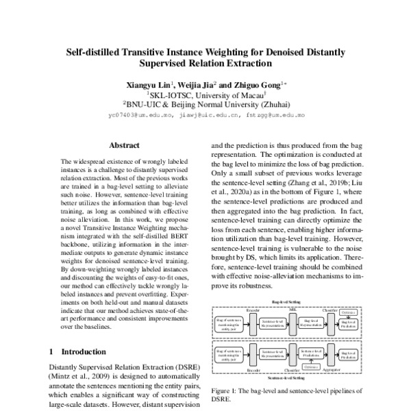 Self-distilled Transitive Instance Weighting for Denoised Distantly Supervised Relation ...