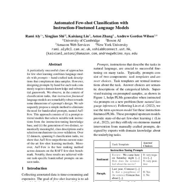 Automated Few Shot Classification With Instruction Finetuned Language