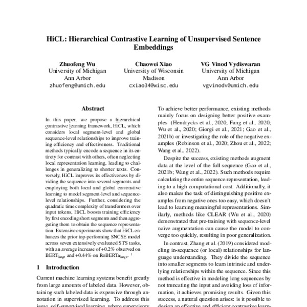 Hicl Hierarchical Contrastive Learning Of Unsupervised Sentence Embeddings Acl Anthology