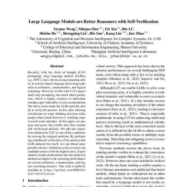 Large Language Models are Better Reasoners with Self-Verification - ACL Anthology