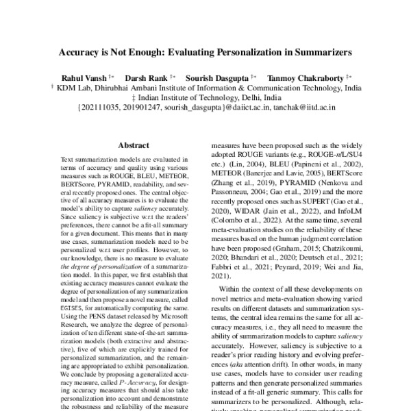 Accuracy Is Not Enough Evaluating Personalization In Summarizers Acl