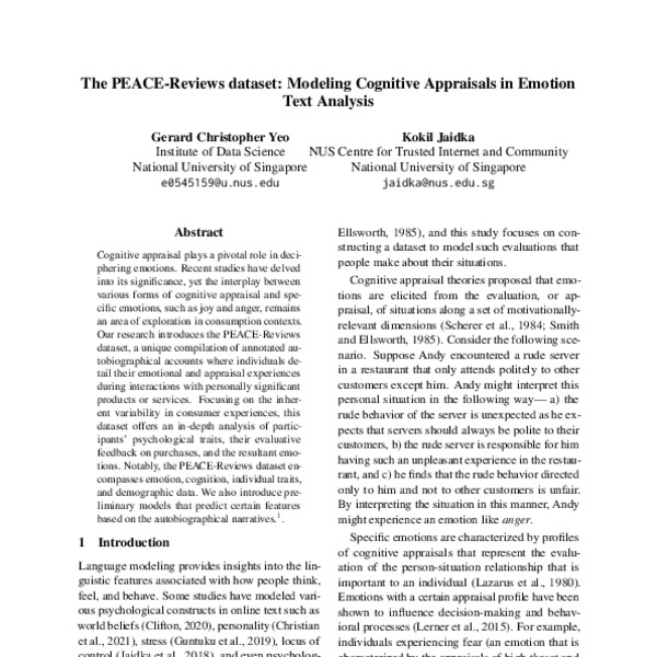 The PEACE-Reviews dataset: Modeling Cognitive Appraisals in Emotion ...