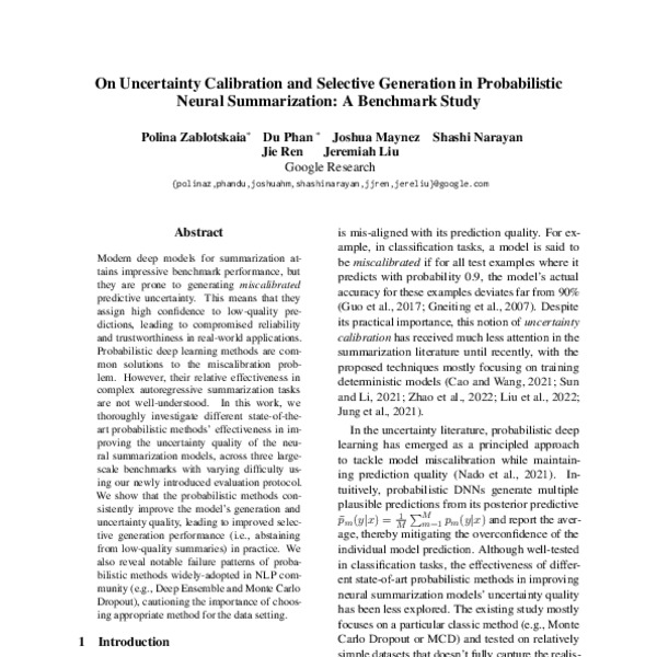 On Uncertainty Calibration and Selective Generation in Probabilistic Neural Summarization: A ...