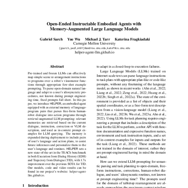 Open-Ended Instructable Embodied Agents with Memory-Augmented Large Language Models - ACL Anthology