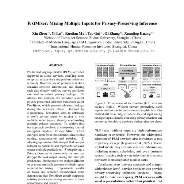 TextMixer: Mixing Multiple Inputs for Privacy-Preserving Inference - ACL Anthology