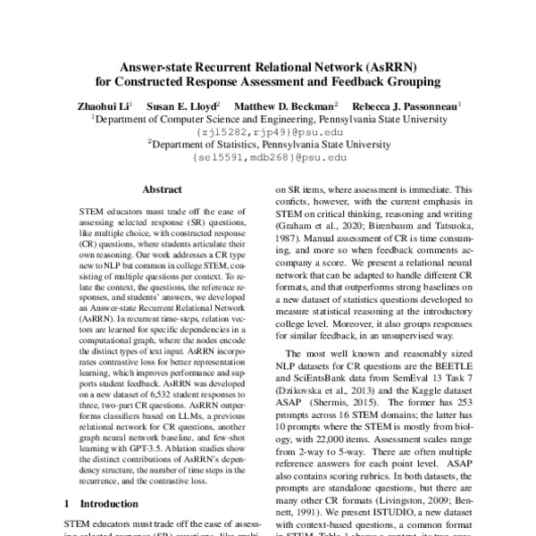 Answer State Recurrent Relational Network Asrrn For Constructed Response Assessment And