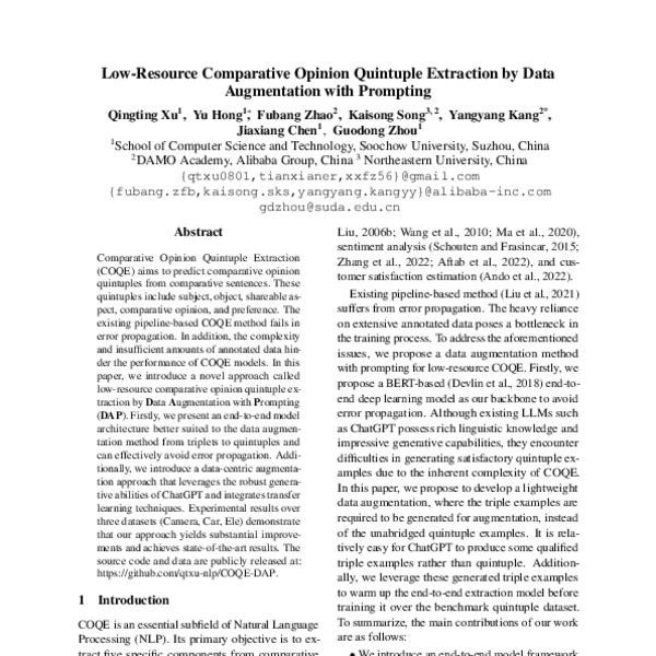 Low-Resource Comparative Opinion Quintuple Extraction by Data Augmentation with Prompting - ACL ...