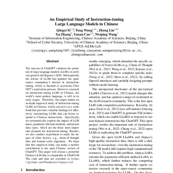 An Empirical Study of Instruction-tuning Large Language Models in Chinese - ACL Anthology