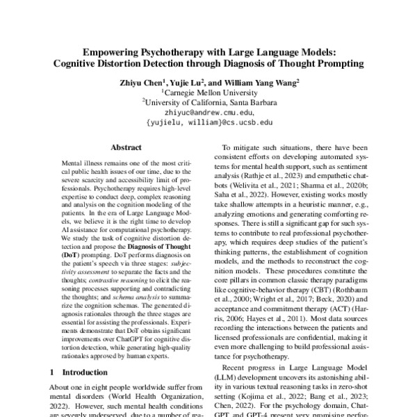 Empowering Psychotherapy with Large Language Models: Cognitive Distortion Detection through ...