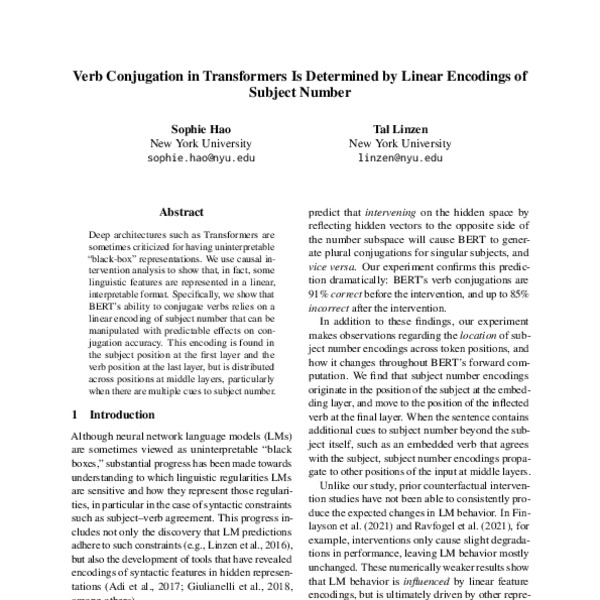 Verb Conjugation in Transformers Is Determined by Linear Encodings of Subject Number - ACL Anthology
