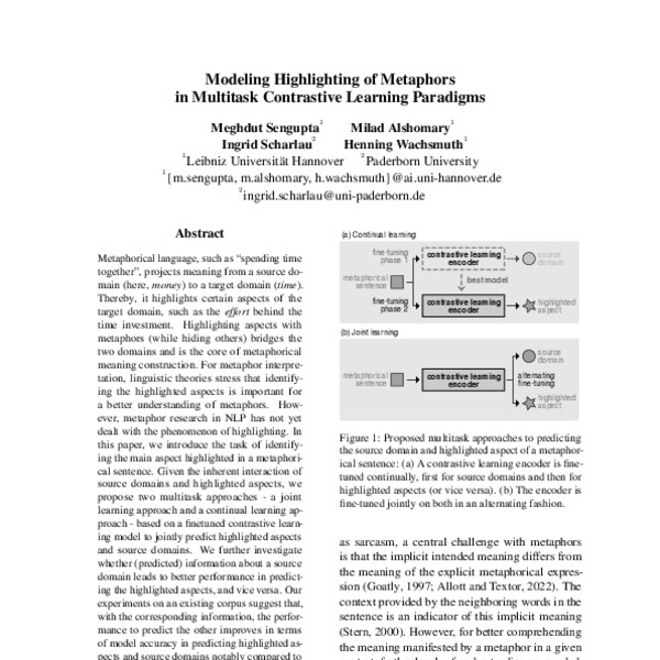 Modeling Highlighting of Metaphors in Multitask Contrastive Learning Paradigms - ACL Anthology