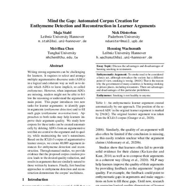 Mind the Gap: Automated Corpus Creation for Enthymeme Detection and Reconstruction in Learner ...
