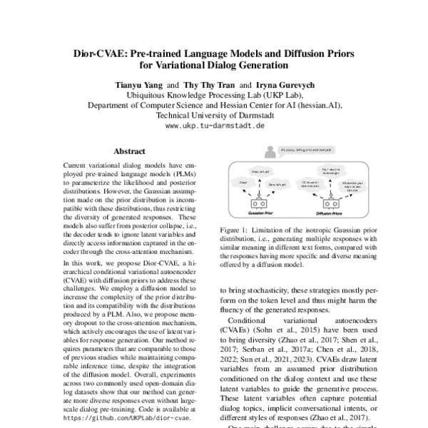 Dior Cvae Pre Trained Language Models And Diffusion Priors For Variational Dialog Generation
