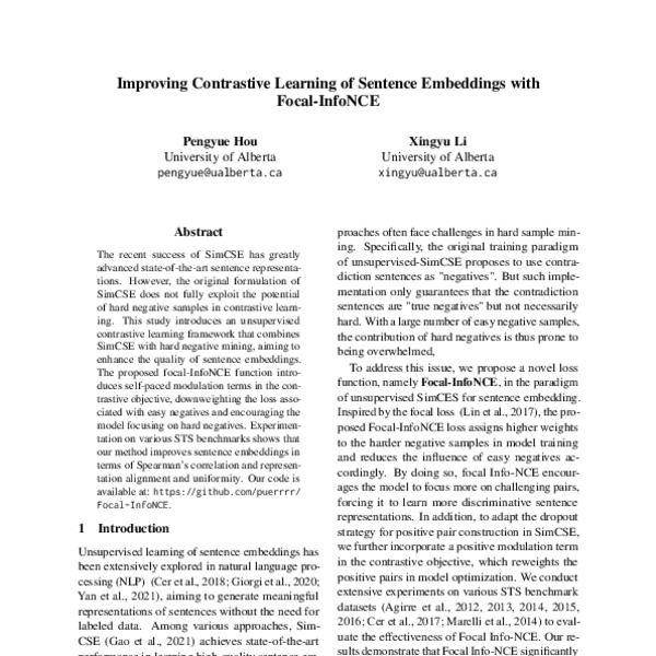 Improving Contrastive Learning Of Sentence Embeddings With Focal Infonce Acl Anthology