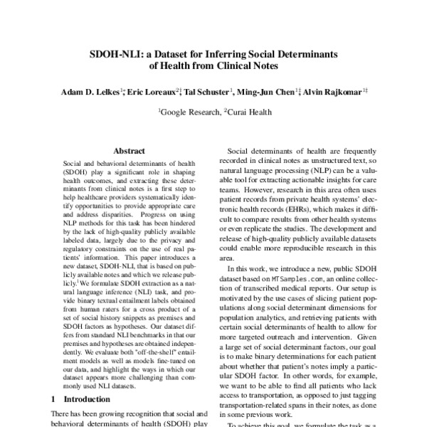 SDOH-NLI: a Dataset for Inferring Social Determinants of Health from ...