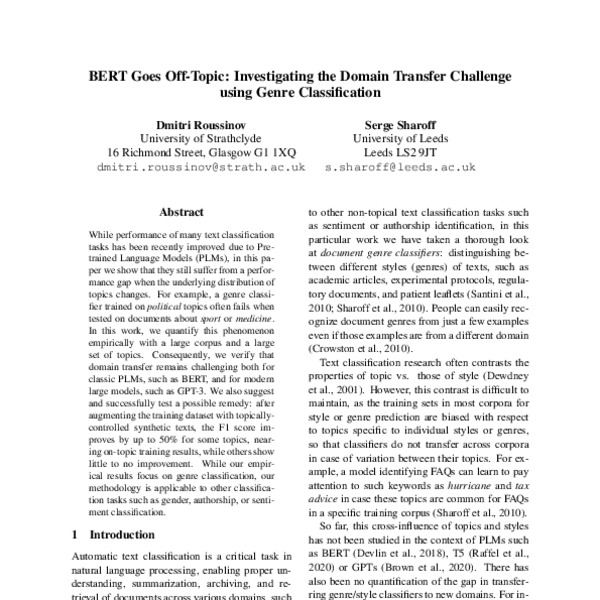 BERT Goes Off-Topic: Investigating the Domain Transfer Challenge using Genre Classification ...