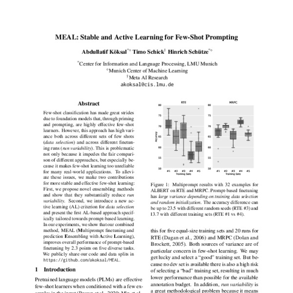 MEAL: Stable and Active Learning for Few-Shot Prompting - ACL Anthology
