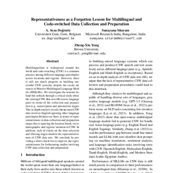 Representativeness as a Forgotten Lesson for Multilingual and Code-switched Data Collection and ...