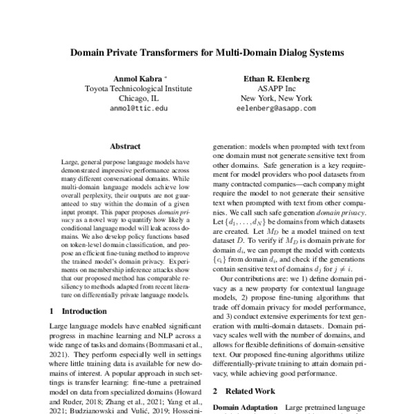 Domain Private Transformers for Multi-Domain Dialog Systems - ACL Anthology