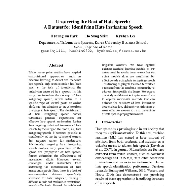 Uncovering the Root of Hate Speech: A Dataset for Identifying Hate Instigating Speech - ACL ...