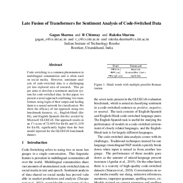 Late Fusion of Transformers for Sentiment Analysis of Code-Switched Data - ACL Anthology