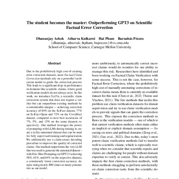 The student becomes the master: Outperforming GPT3 on Scientific Factual Error Correction - ACL ...