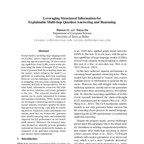 Leveraging Structured Information For Explainable Multi Hop Question