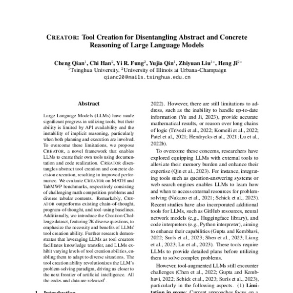 CREATOR: Tool Creation for Disentangling Abstract and Concrete Reasoning of Large Language ...