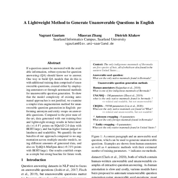 A Lightweight Method to Generate Unanswerable Questions in English - ACL Anthology