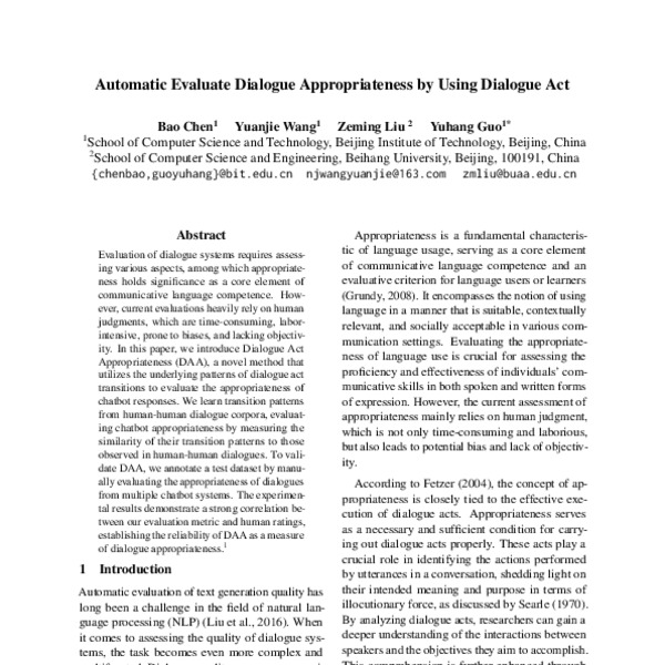 Automatic Evaluate Dialogue Appropriateness by Using Dialogue Act - ACL Anthology