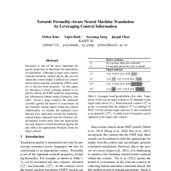 Towards Formality-Aware Neural Machine Translation by Leveraging Context Information - ACL Anthology
