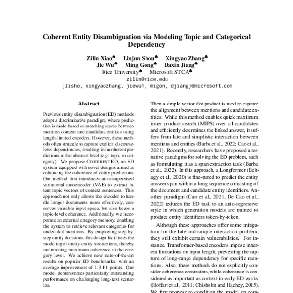 Coherent Entity Disambiguation Via Modeling Topic And Categorical Dependency Acl Anthology