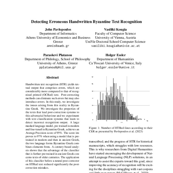 Detecting Erroneously Recognized Handwritten Byzantine Text Acl Anthology