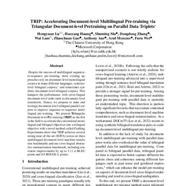 TRIP: Accelerating Document-level Multilingual Pre-training via Triangular Document-level Pre ...