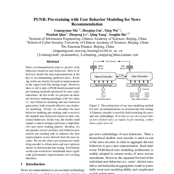 PUNR: Pre-training with User Behavior Modeling for News Recommendation - ACL Anthology