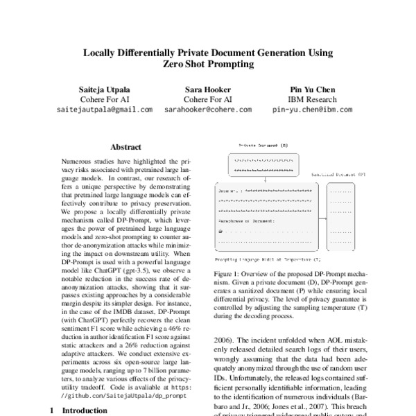 Locally Differentially Private Document Generation Using Zero Shot Prompting Acl Anthology
