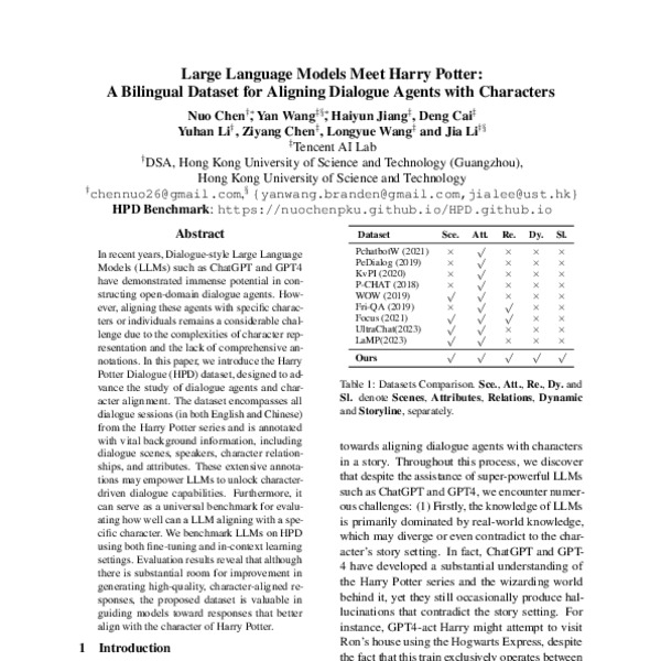 Large Language Models Meet Harry Potter: A Dataset for Aligning Dialogue Agents with Characters ...