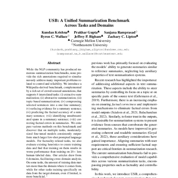 USB: A Unified Summarization Benchmark Across Tasks and Domains - ACL Anthology