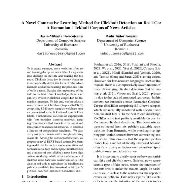 A Novel Contrastive Learning Method for Clickbait Detection on RoCliCo: A Romanian Clickbait ...
