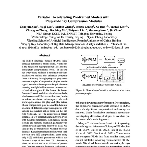 Variator: Accelerating Pre-trained Models with Plug-and-Play Compression Modules - ACL Anthology