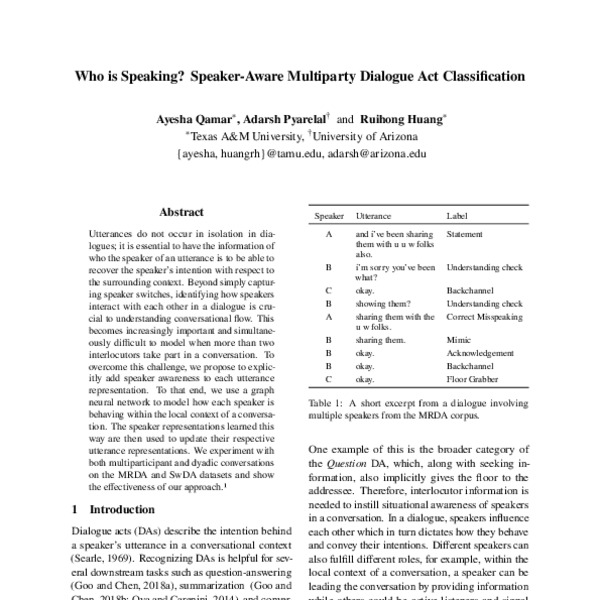 Who is Speaking? Speaker-Aware Multiparty Dialogue Act Classification - ACL Anthology