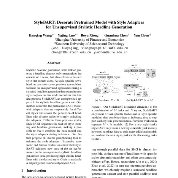 StyleBART: Decorate Pretrained Model with Style Adapters for Unsupervised Stylistic Headline ...
