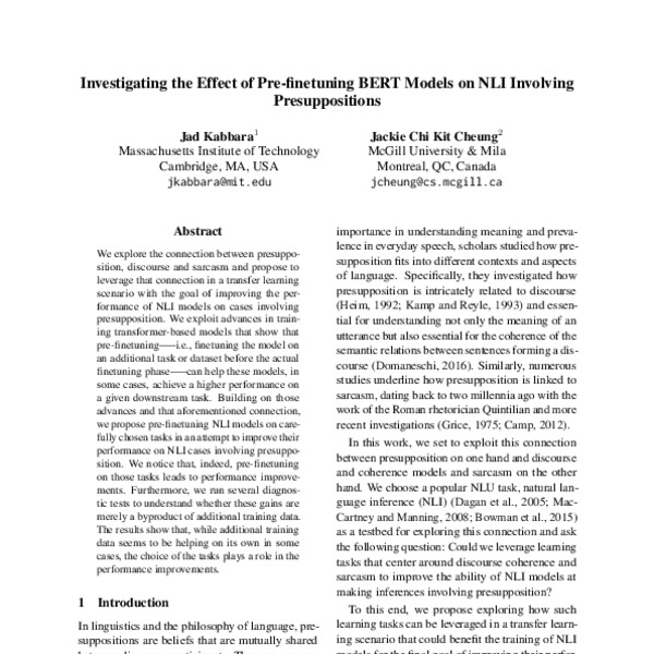 Investigating the Effect of Pre-finetuning BERT Models on NLI Involving Presuppositions - ACL ...