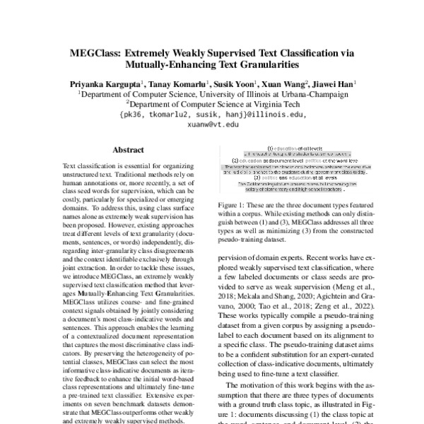 MEGClass: Extremely Weakly Supervised Text Classification via Mutually-Enhancing Text ...